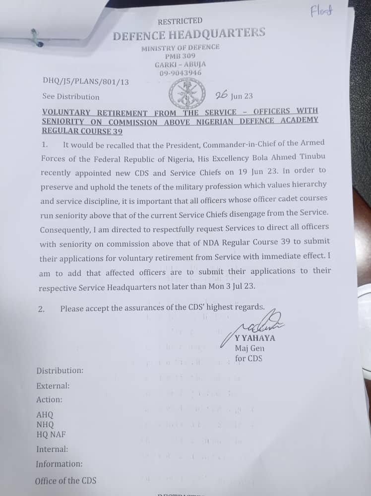 Service chiefs: DHQ orders senior officers to resign before July 3